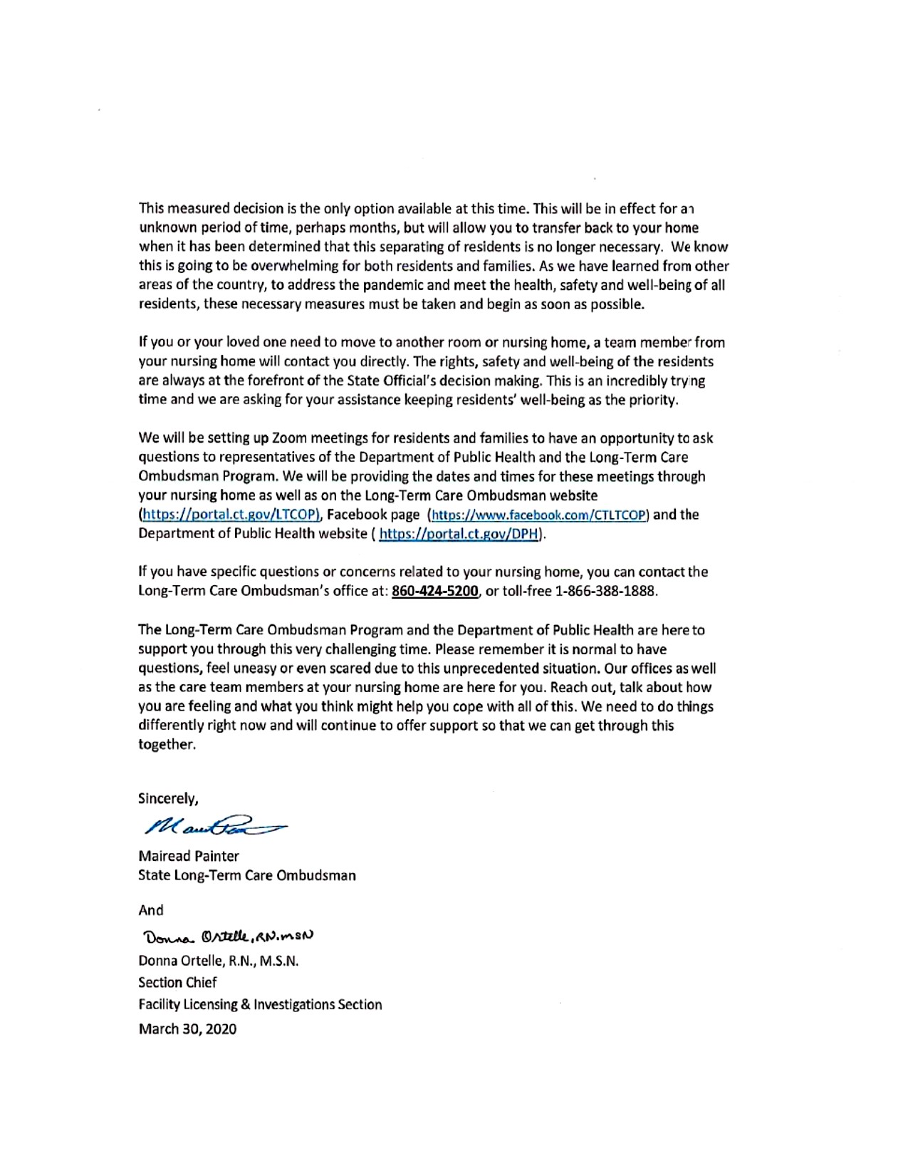 Notice From CT DPH Long-Term Care Ombudsman Regarding COVID-19 - Athena ...